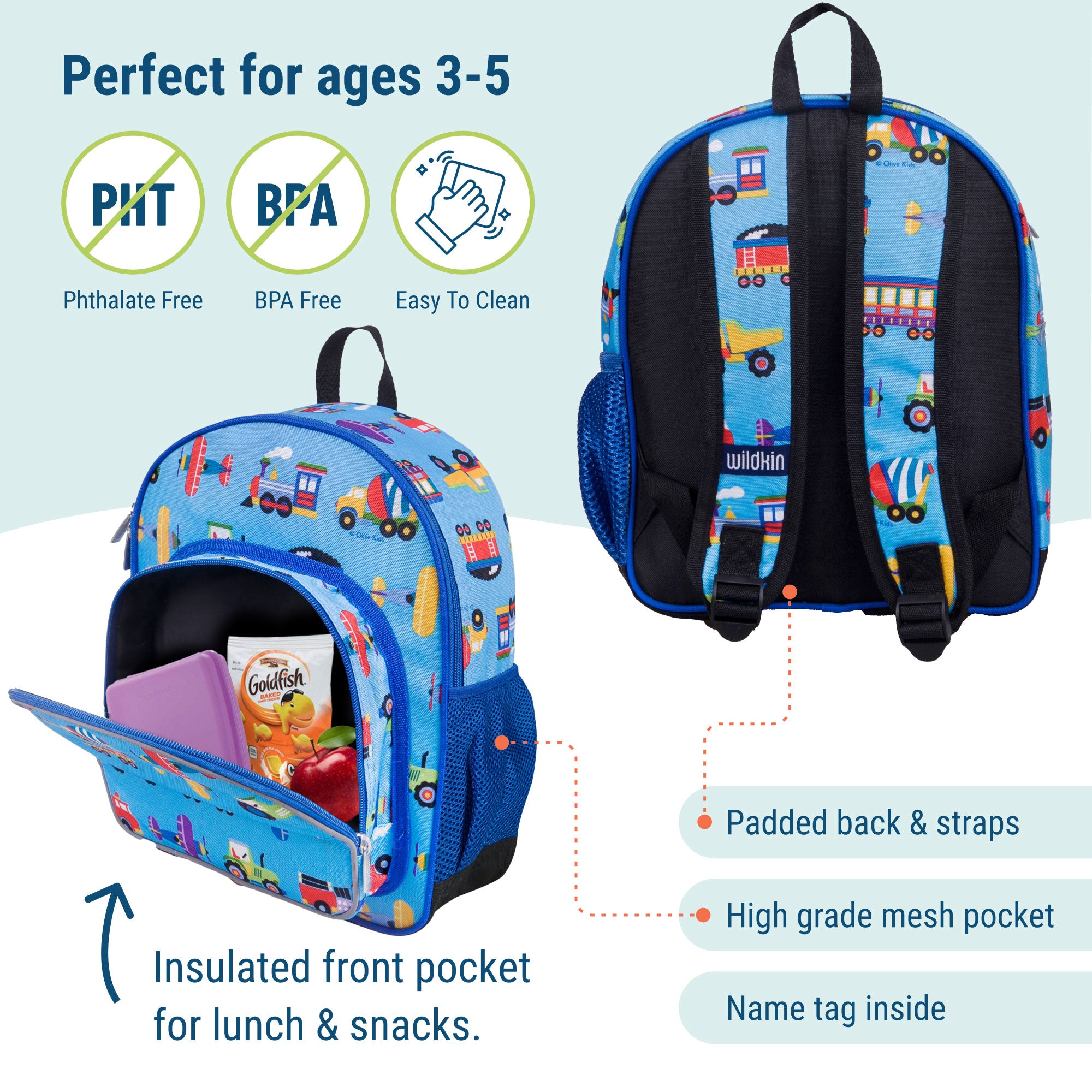 Wildkin 12 Inch Kids Backpack|Toddler Backpacks-Trains Planes & Trucks