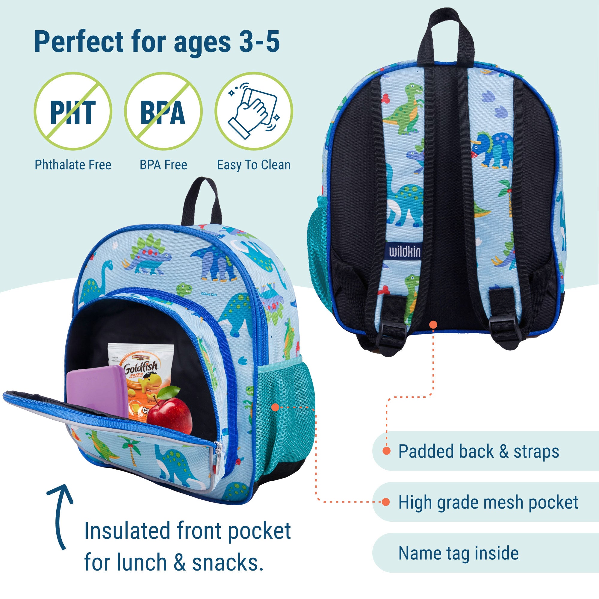 Wildkin 12 Inch Kids Backpack | Toddler Backpacks - Dinosaur Land