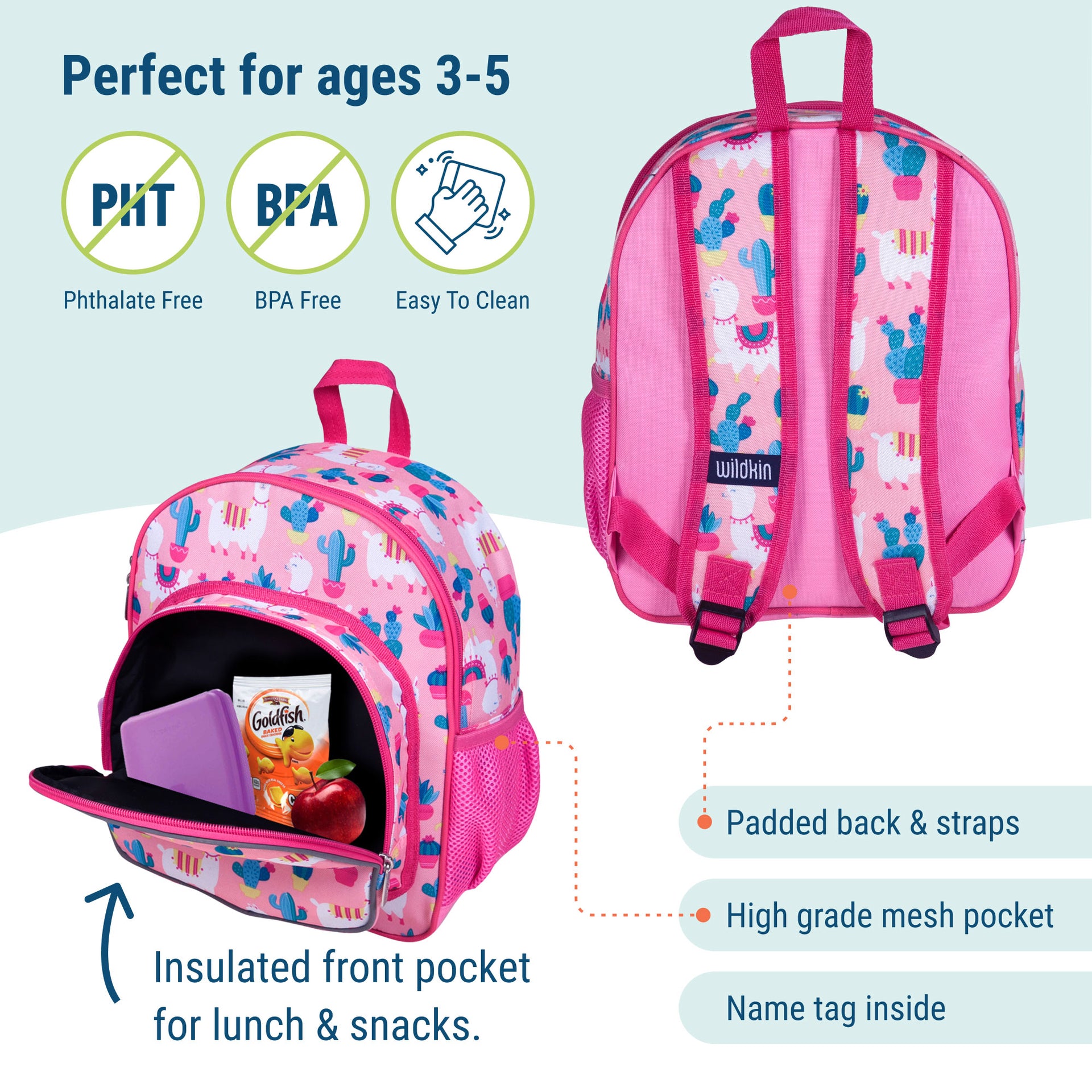 Wildkin 12 Inch Kids Backpack | Toddler Backpacks - Llamas and Cactus