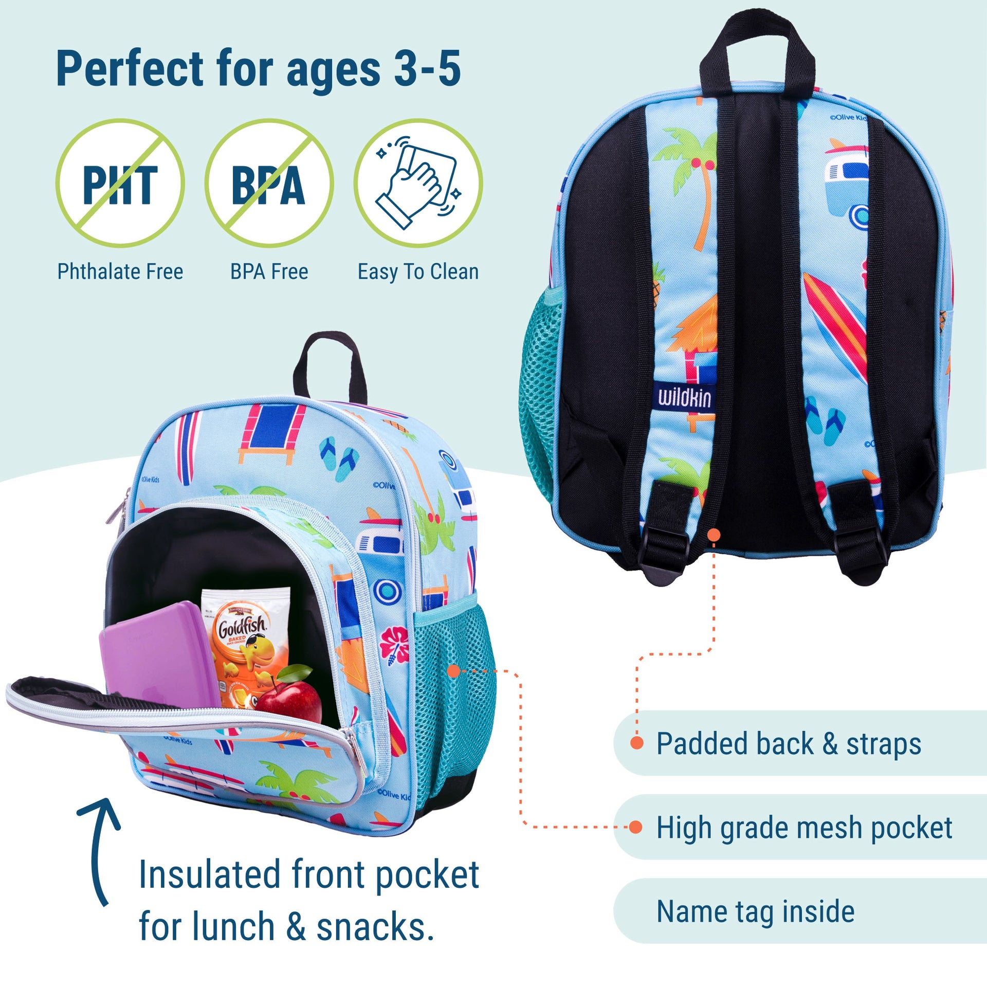 Wildkin 12 Inch Kids Backpack | Toddler Backpacks - Surf Shack