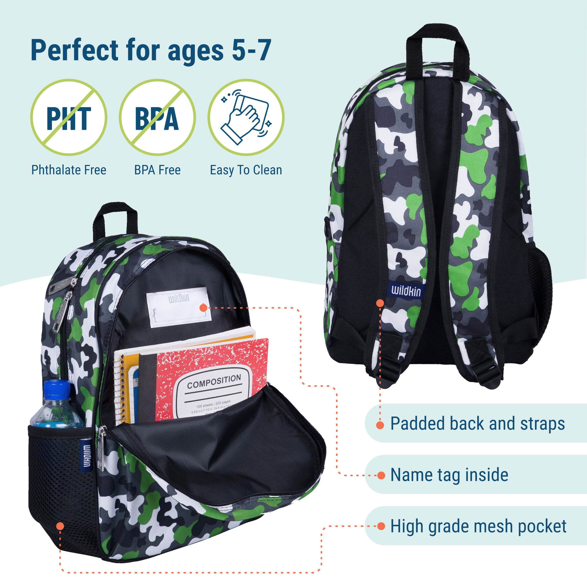 Wildkin 15 Inch Kids Backpack | School Backpacks - Green Camo